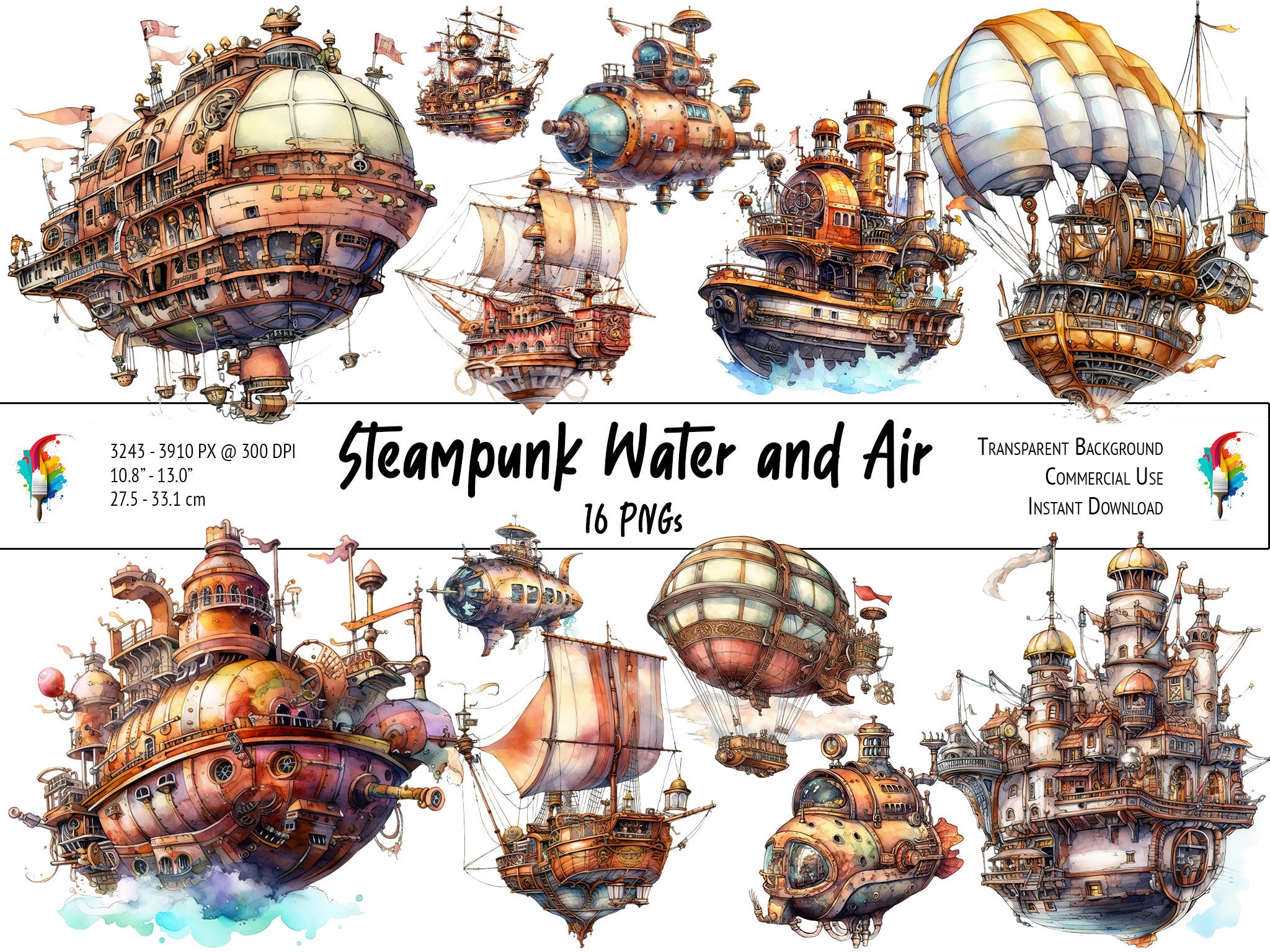 16 Steampunk Water and Air Vehicles Clipart Bundle, Watercolor ...