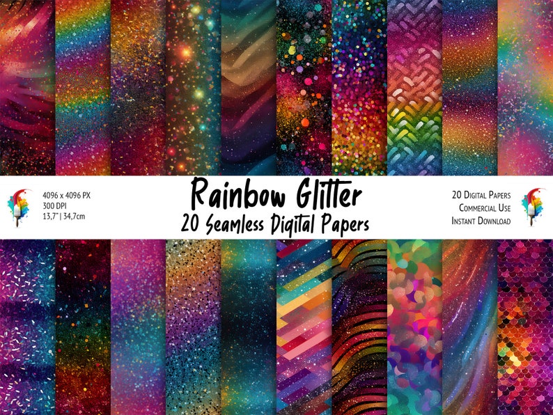 20 Rainbow Glitter Seamless Digital Papers, Rainbow Sparkle Paper ...