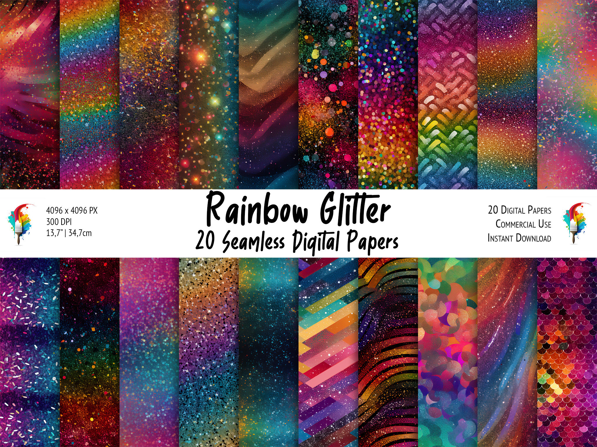 20 Rainbow Glitter Seamless Digital Papers, Rainbow Sparkle Paper ...
