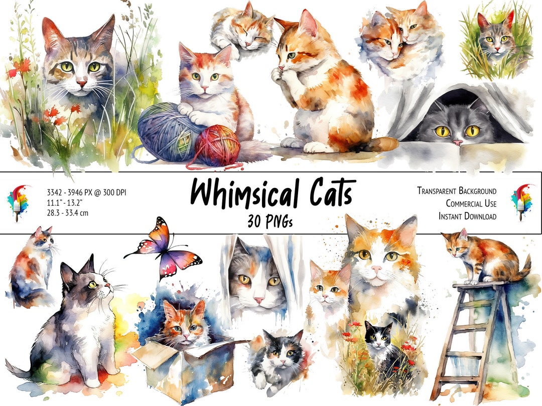Whimsical Cats - 30 Watercolor Cat Cliparts Bundle, Feline Clipart ...