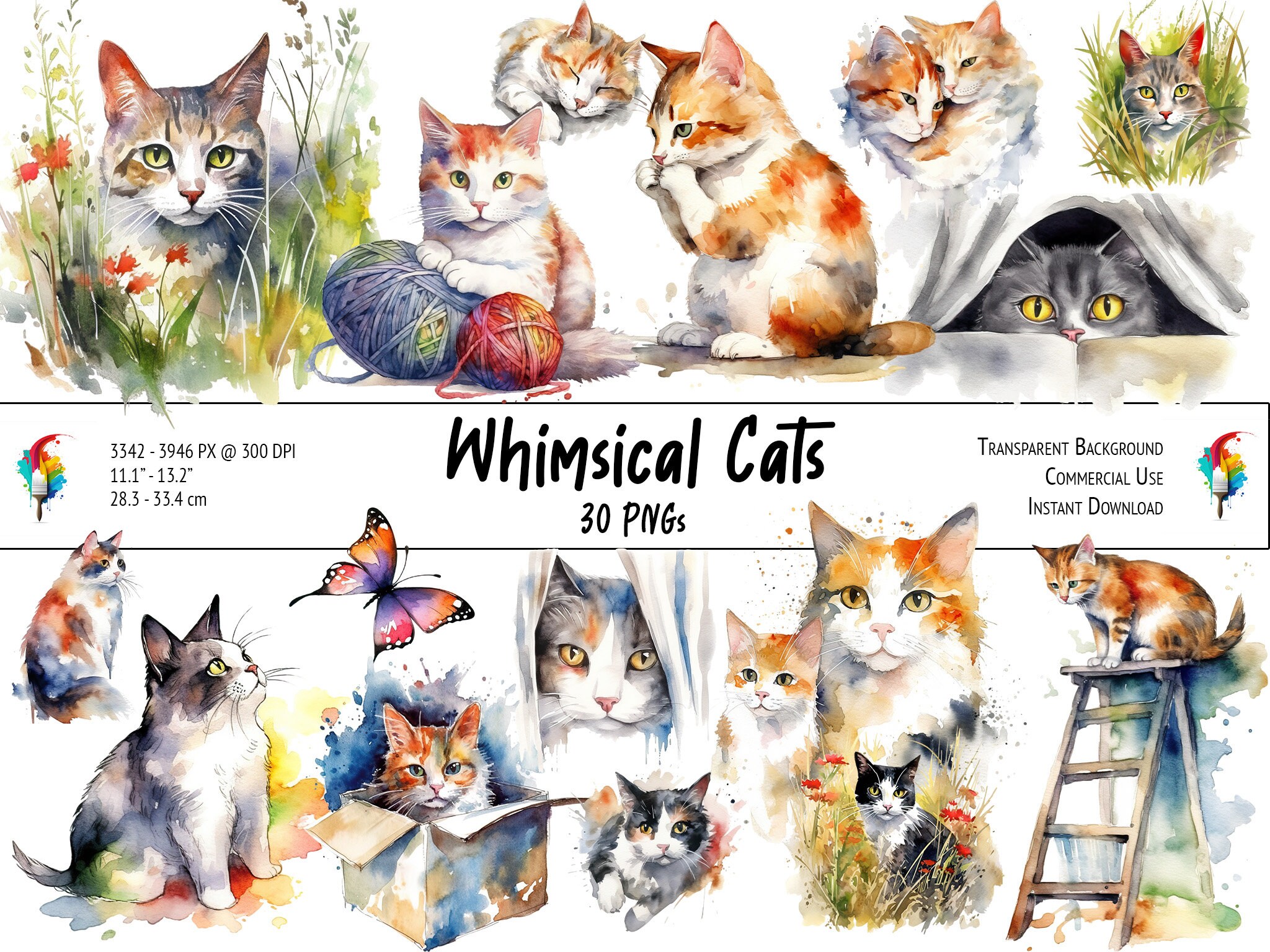 Whimsical Cats 30 Watercolor Cat Cliparts Bundle, Feline Clipart ...