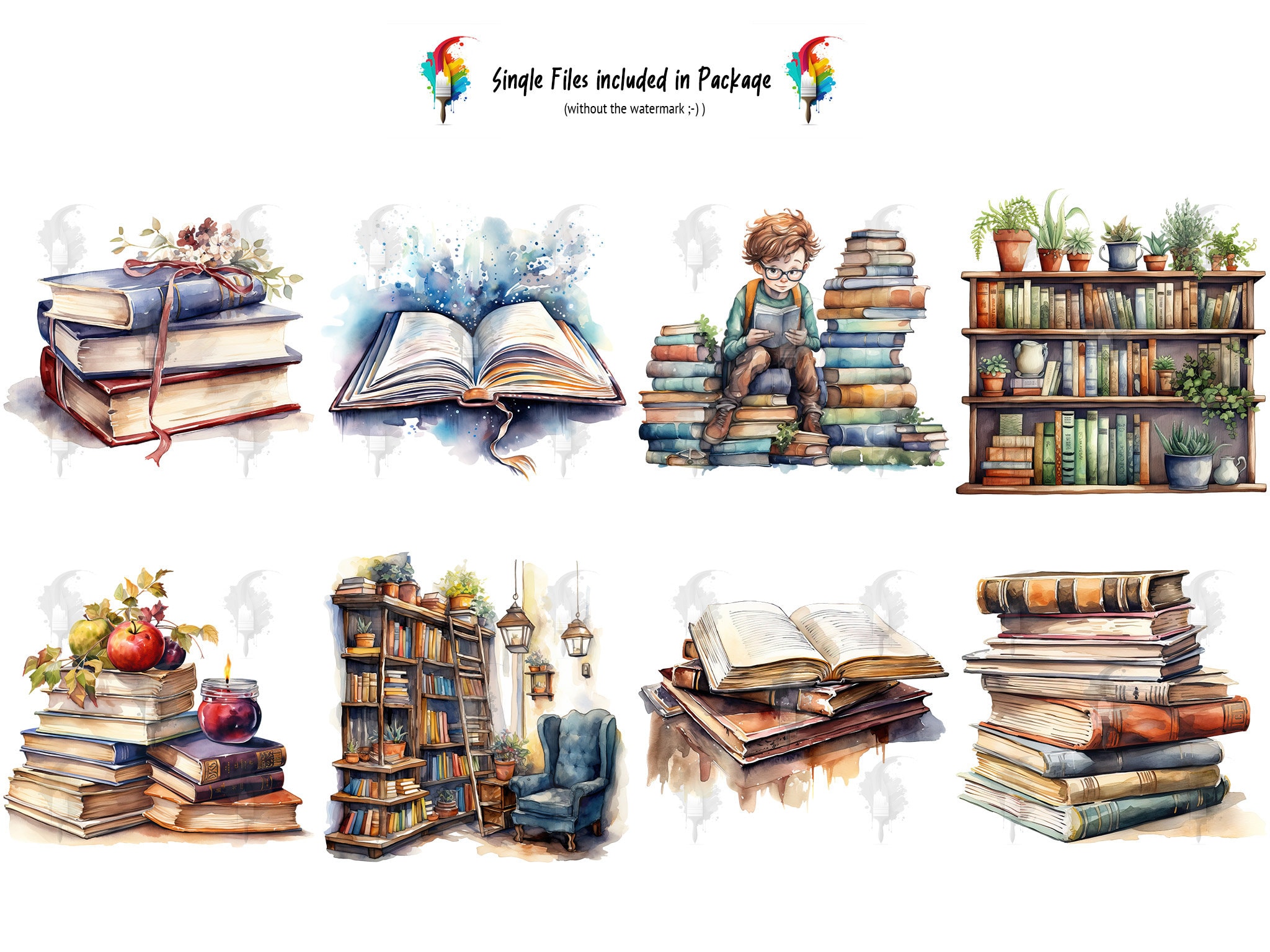 Watercolor Books Clipart Bundle, Book Lover and Reading Designs for ...