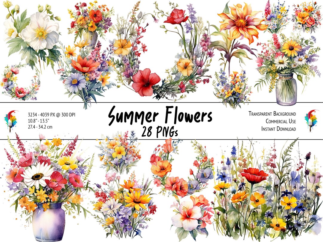 28 Watercolor Summer Flower Cliparts, Watercolor Floral Graphics ...