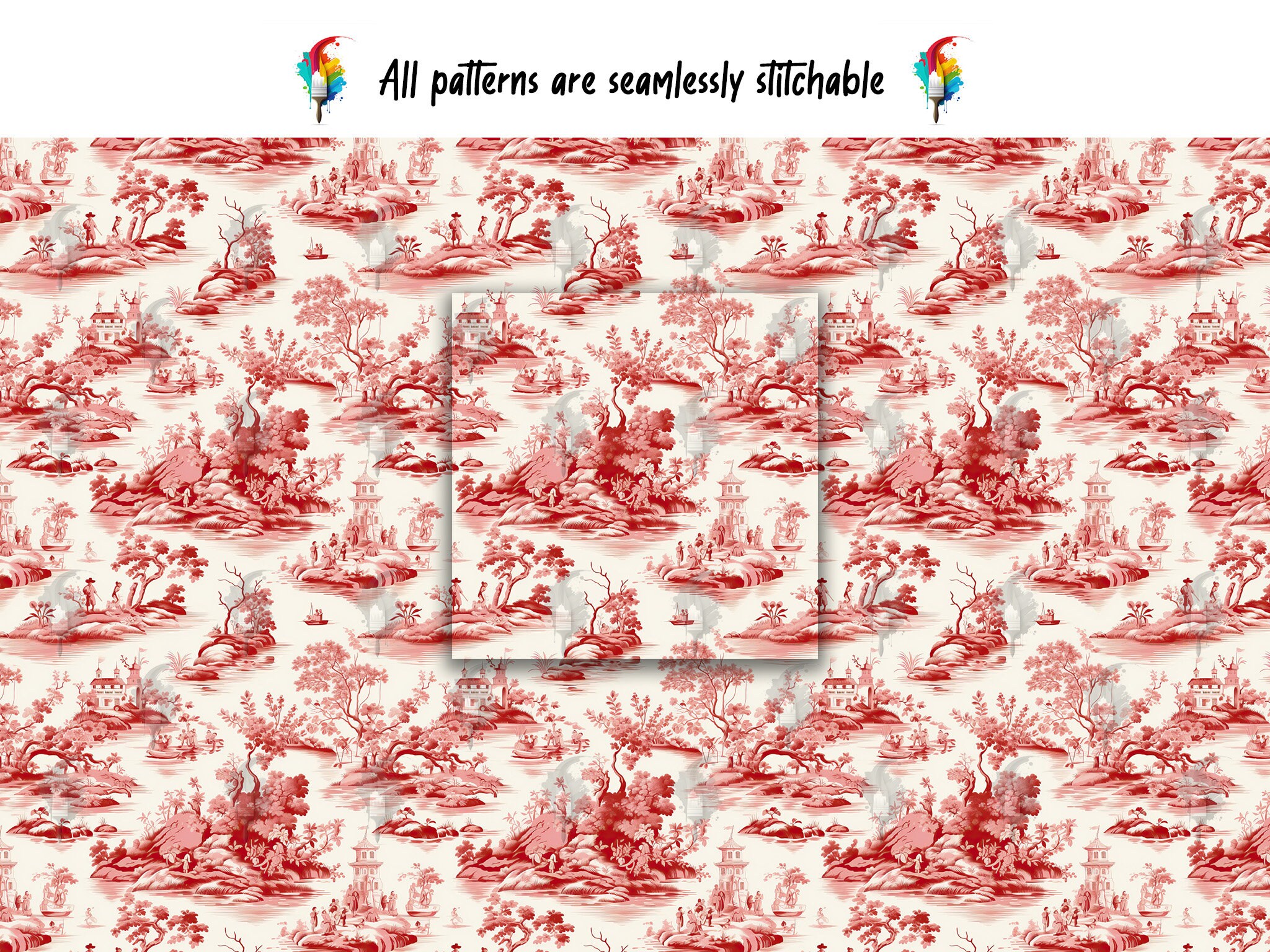 Seamless Toile De Jouy Digital Paper Bundle, Red Toile Pattern for ...