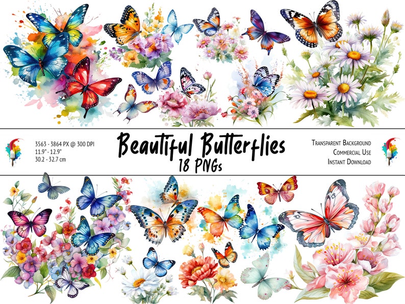 Butterfly Clipart Bundle, Butterflies PNG Bundle, Floral Clipart ...