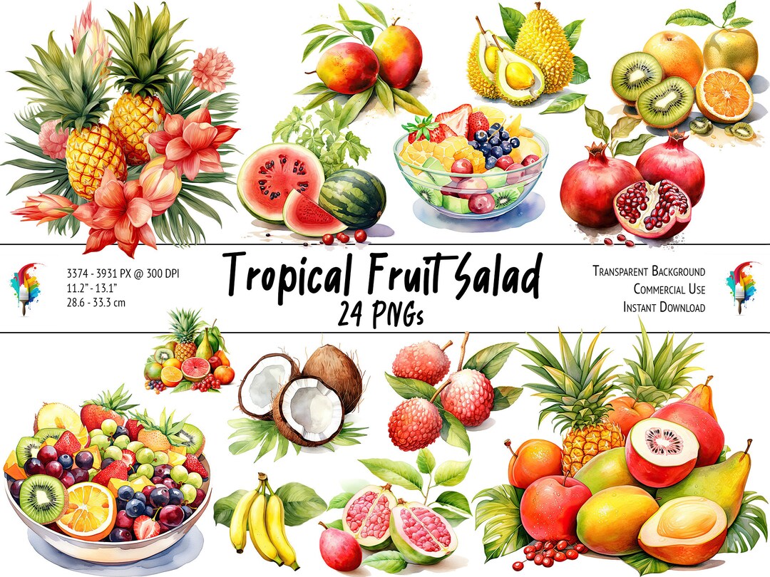 24 Tropical Fruit Cliparts, Fruit Salad, Watercolor Clipart, Summer ...