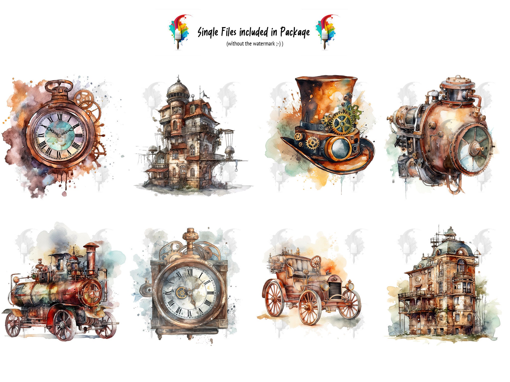 20 Watercolor Steampunk Cliparts Fantasy Graphics Bundle - Etsy