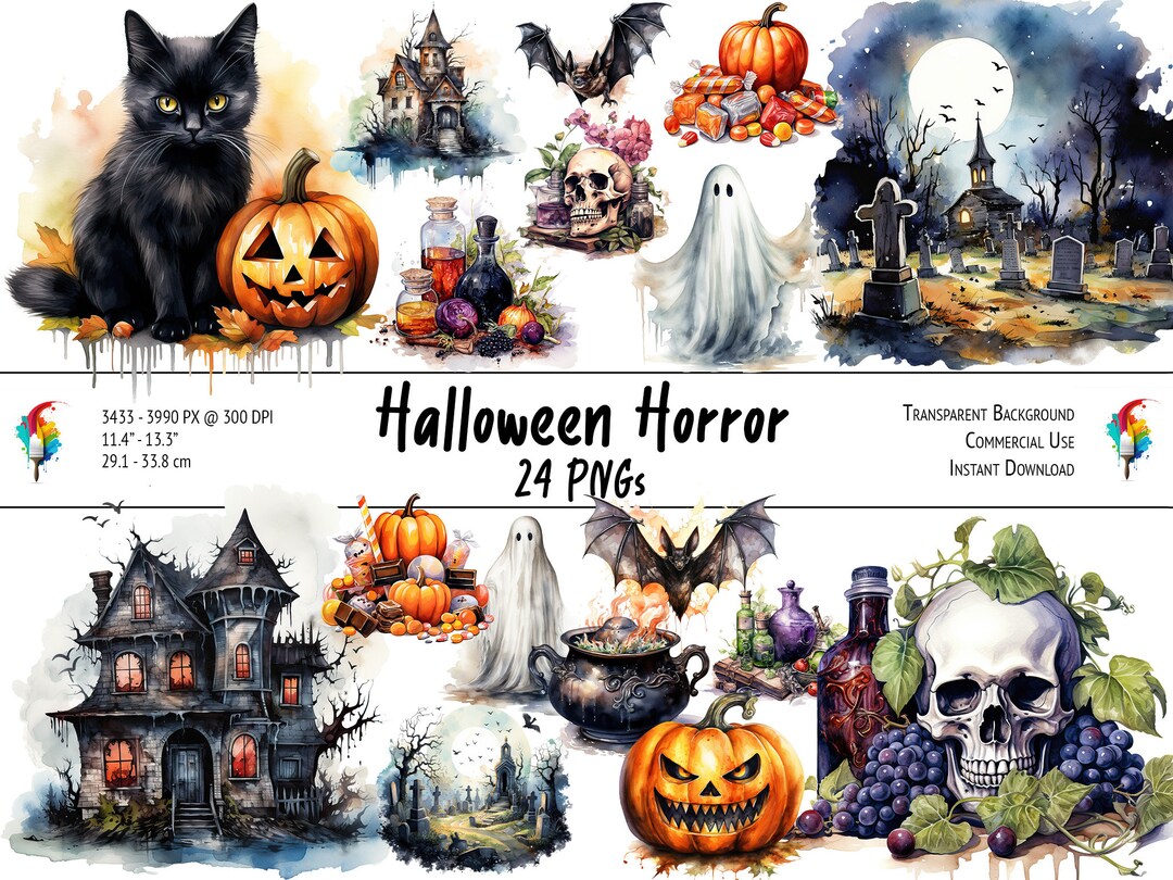 Halloween Horror Clipart Bundle, Spooky PNG Bundle, Skulls, Pumpkins ...