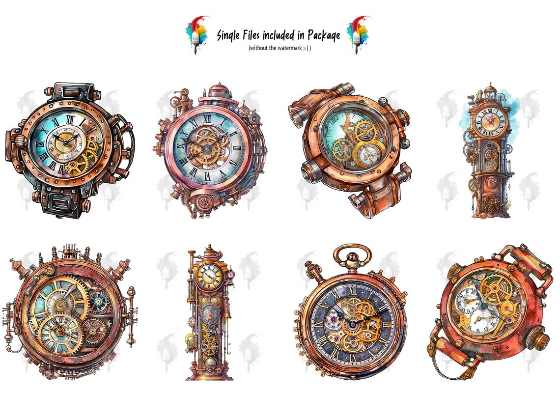 Watercolor Steampunk Clocks & Watches Clipart Bundle, Steampunk Fantasy ...