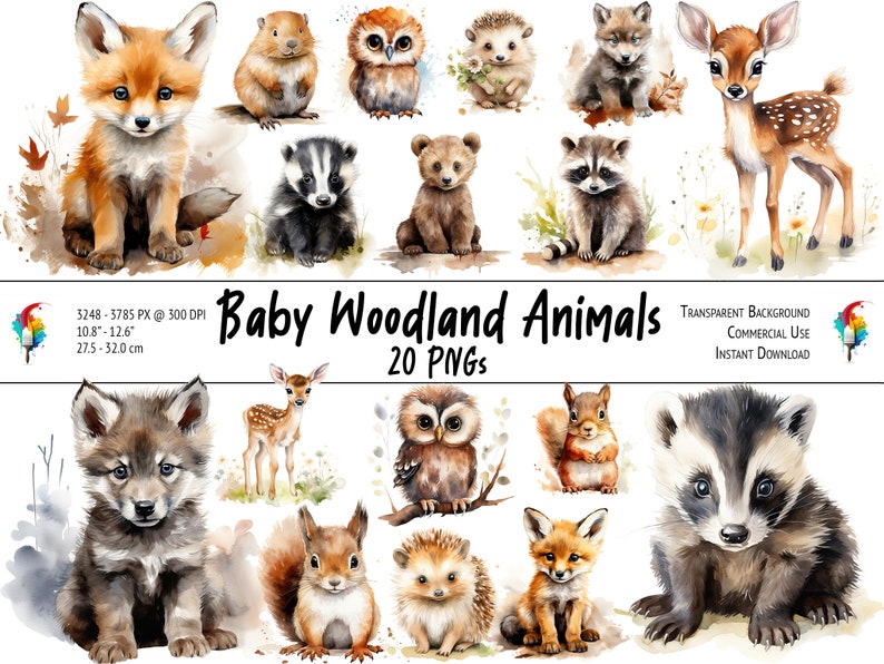 Baby Woodland Animals Clipart Bundle, Watercolor PNG Bundle, Nursery ...