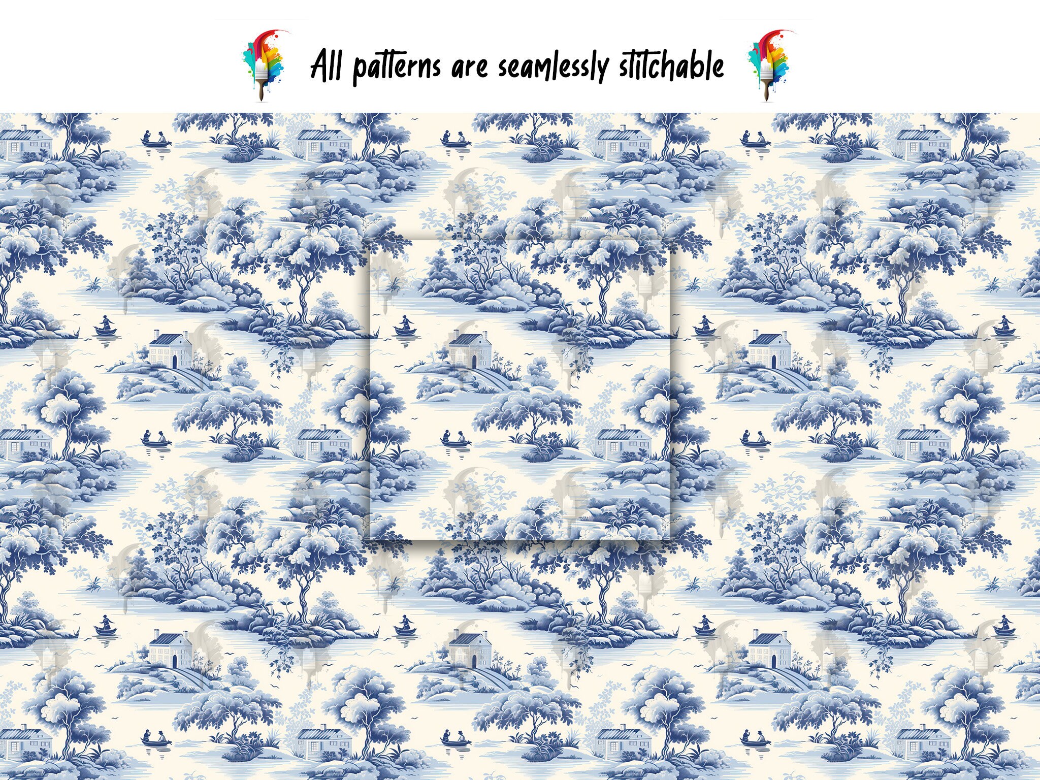 Seamless Toile De Jouy Digital Paper Bundle, Blue Toile Pattern for ...