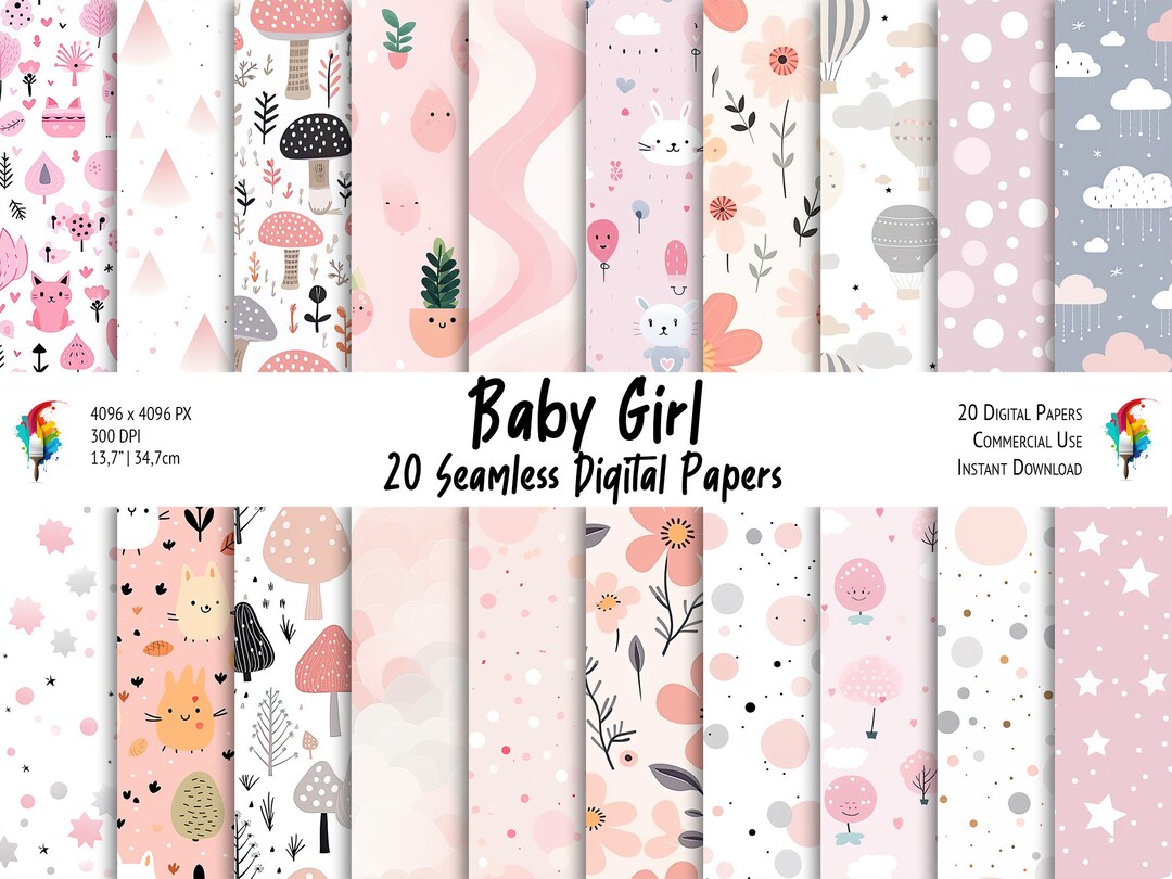 20 Baby Girl Digital Papers Bundle, Seamless Nursery Pattern, Baby Girl ...