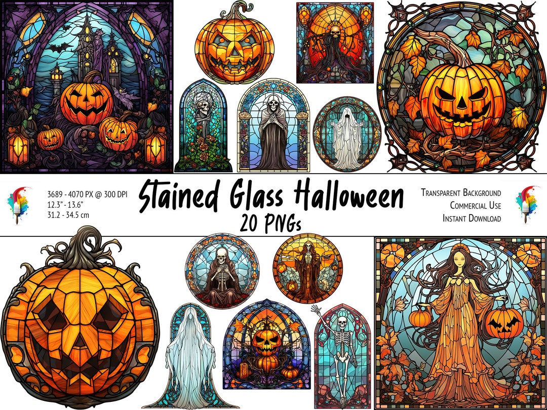 Stained Glass Halloween Clipart Bundle, Spooky Stained Glass Windows ...