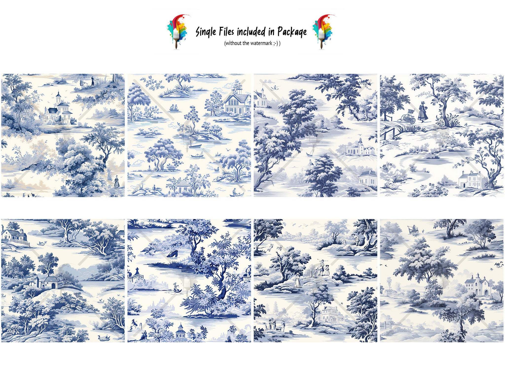 Seamless Toile De Jouy Digital Paper Bundle, Blue Toile Pattern for ...
