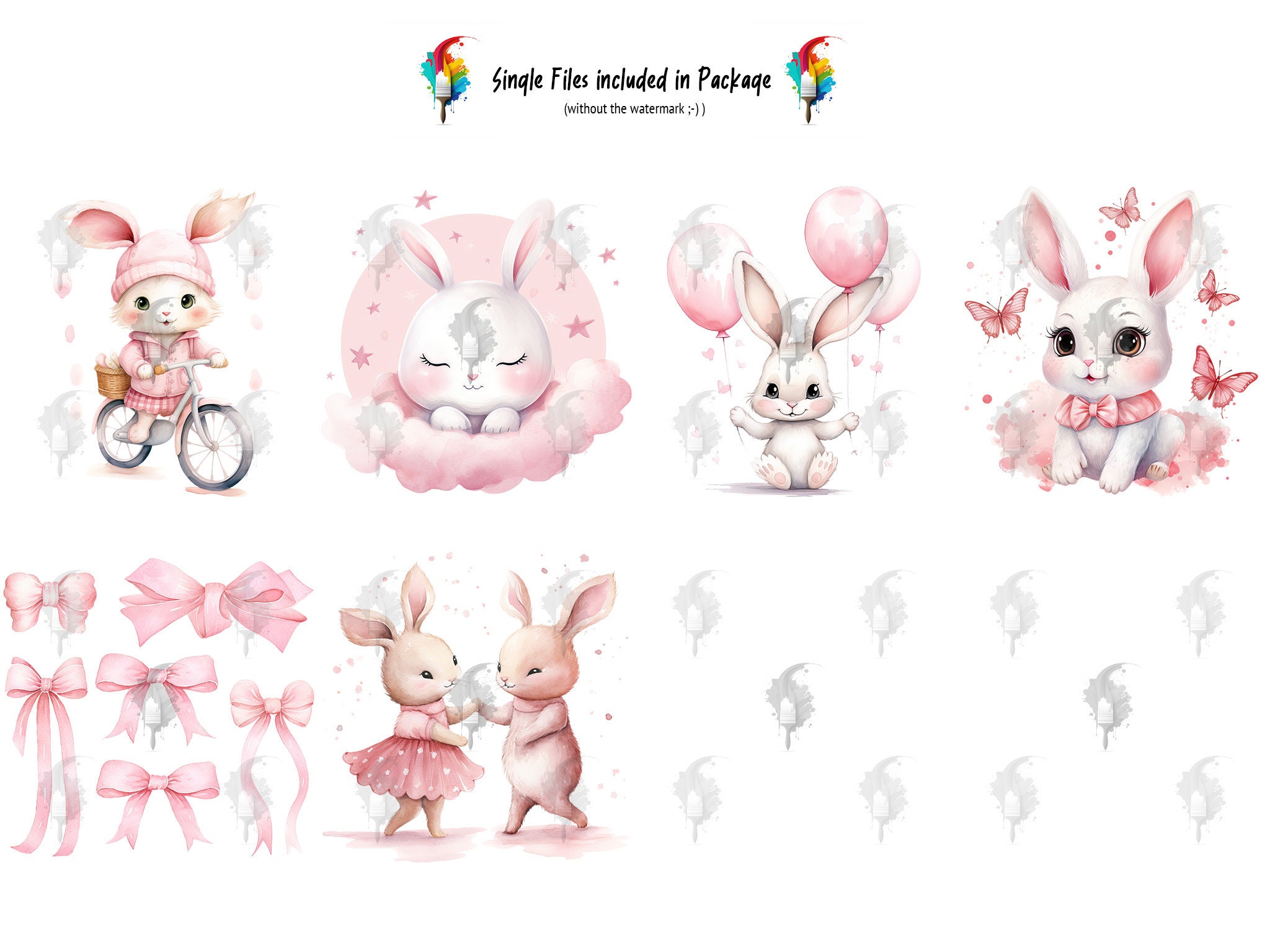 Watercolor Cute Bunnies Clipart Bundle, Baby Girl Rabbit Clipart, Baby ...