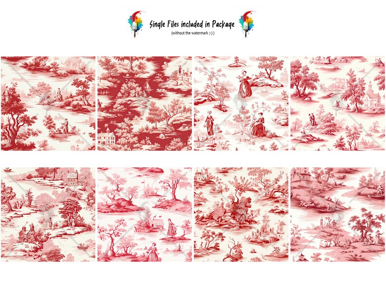 Seamless Toile De Jouy Digital Paper Bundle, Red Toile Pattern for ...