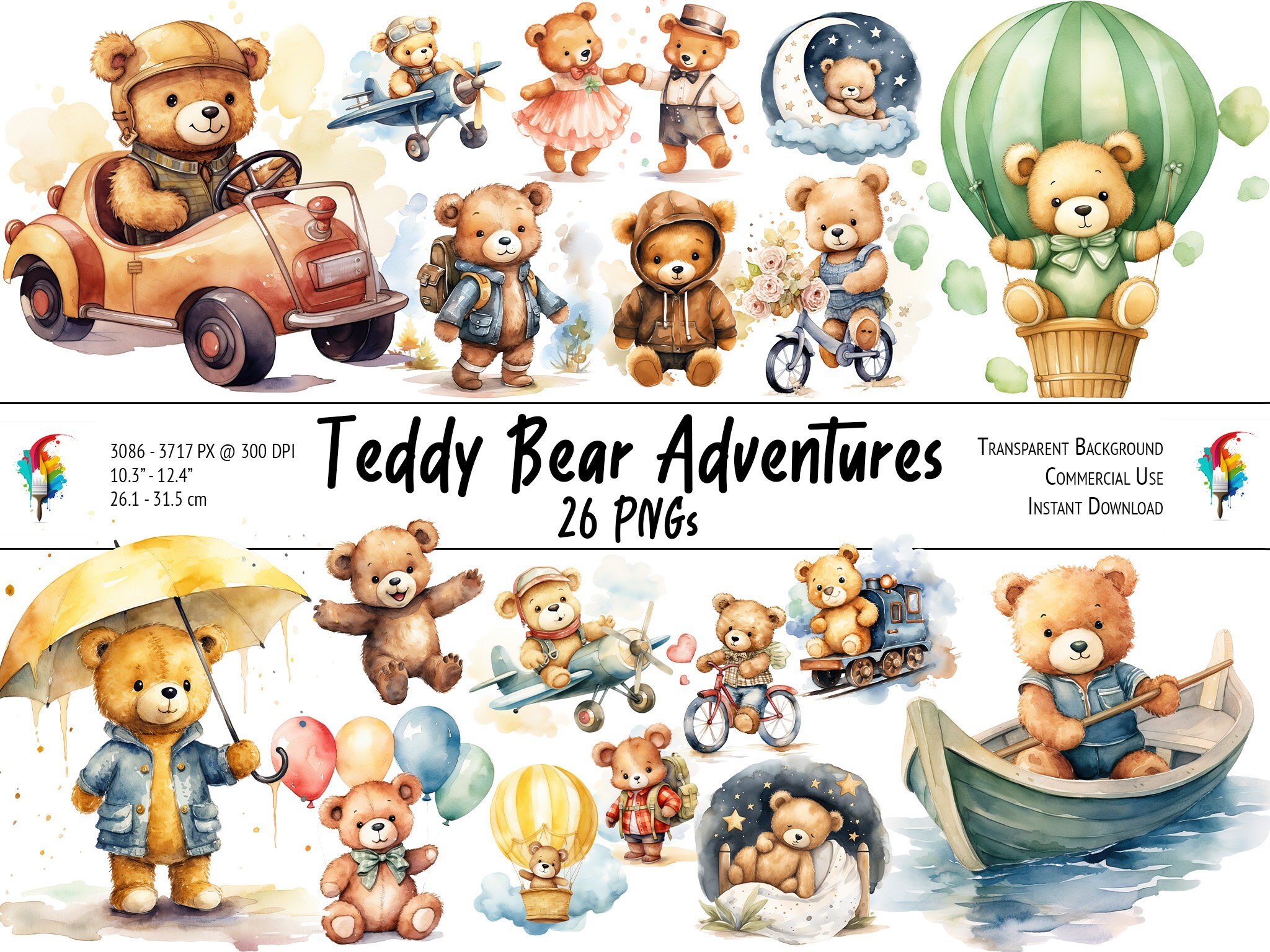 Watercolor Teddy Bear Clipart Bundle, Baby Clipart, Baby Shower ...