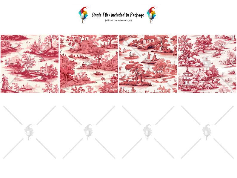Seamless Toile De Jouy Digital Paper Bundle, Red Toile Pattern for ...