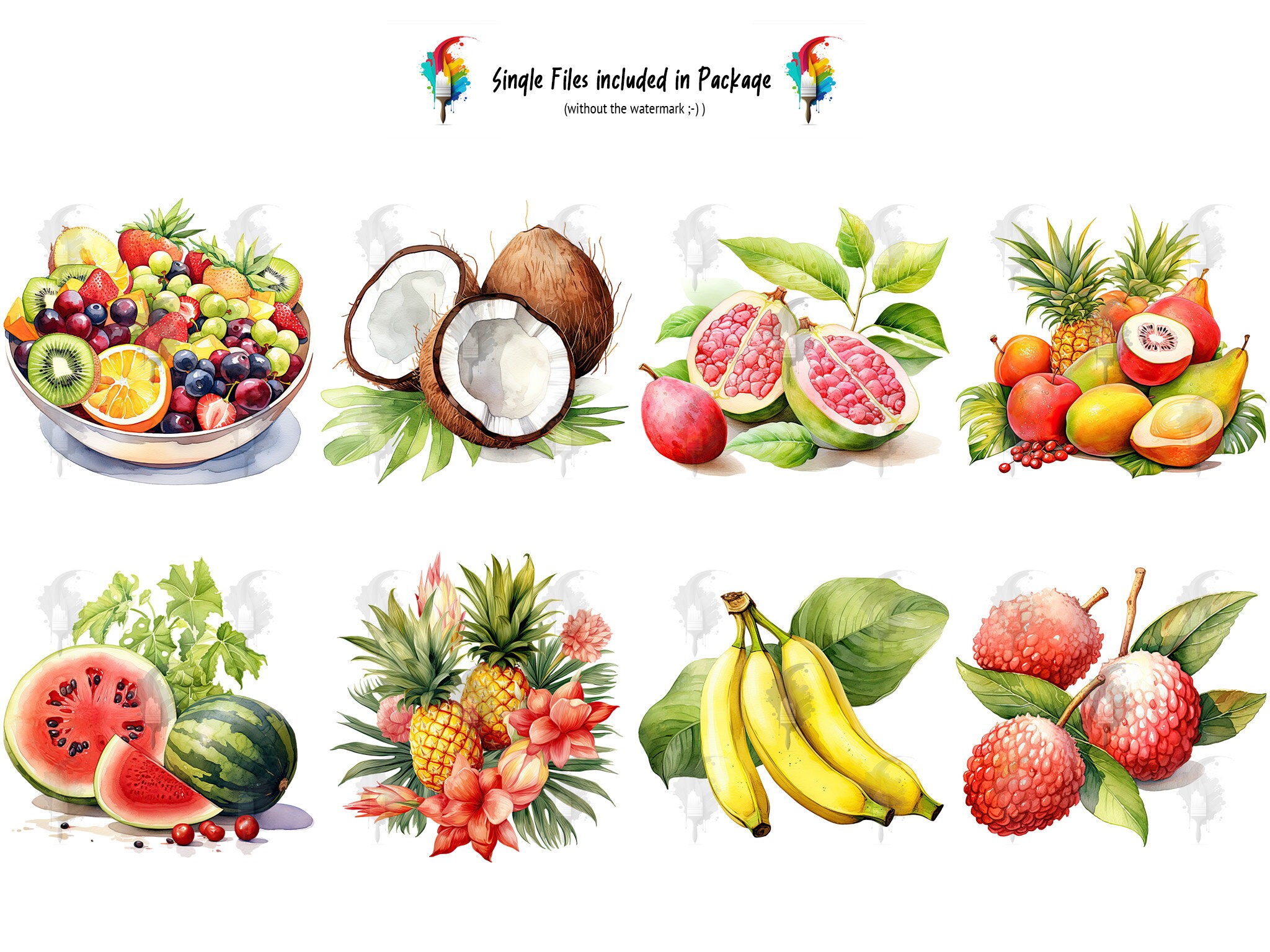 24 Tropical Fruit Cliparts, Fruit Salad, Watercolor Clipart, Summer ...