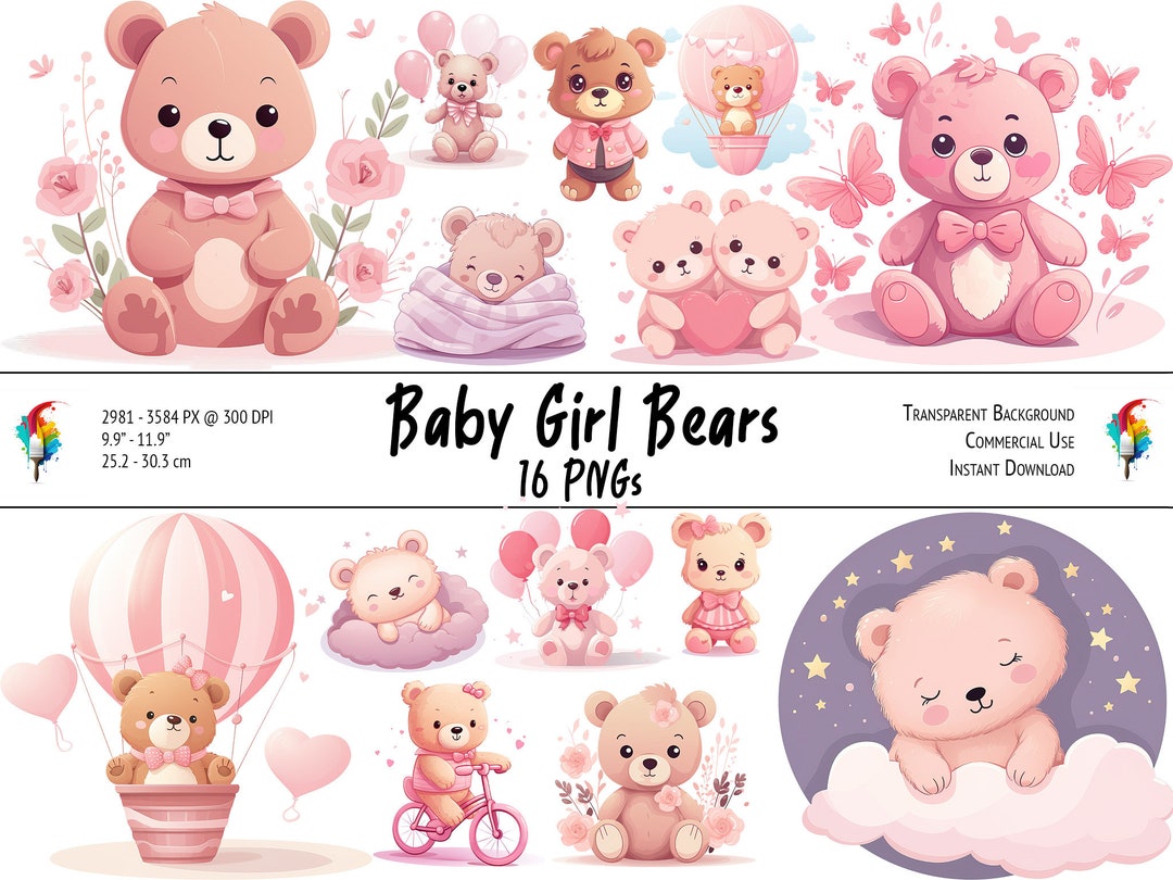 Baby Girl Teddy Bears Clipart Bundle for Printing and Sublimation ...
