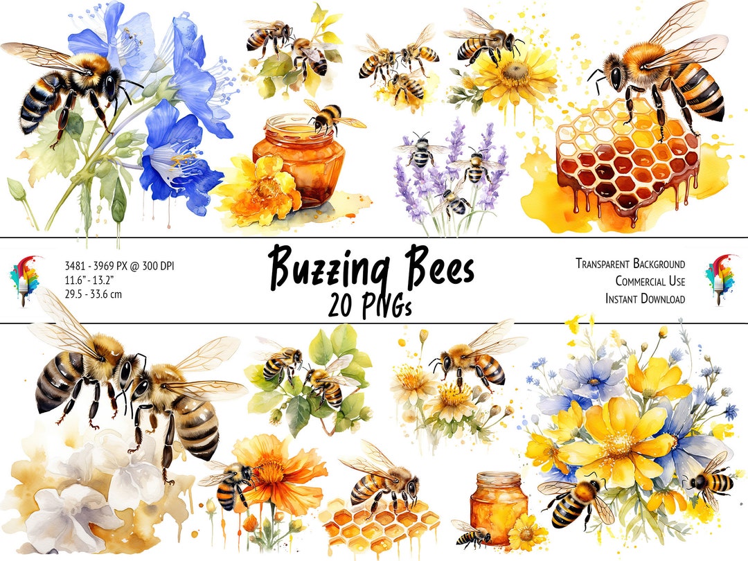 Buzzing Bees Clipart Bundle, Honeybee Graphics Bundle, Garden PNG ...