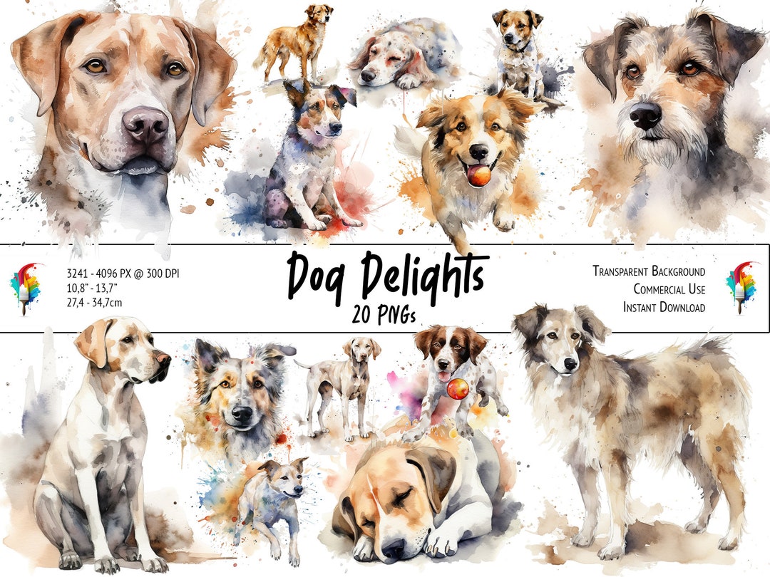 20 Watercolor Dog Cliparts, Watercolor Clipart Bundle, Dogs Clipart ...