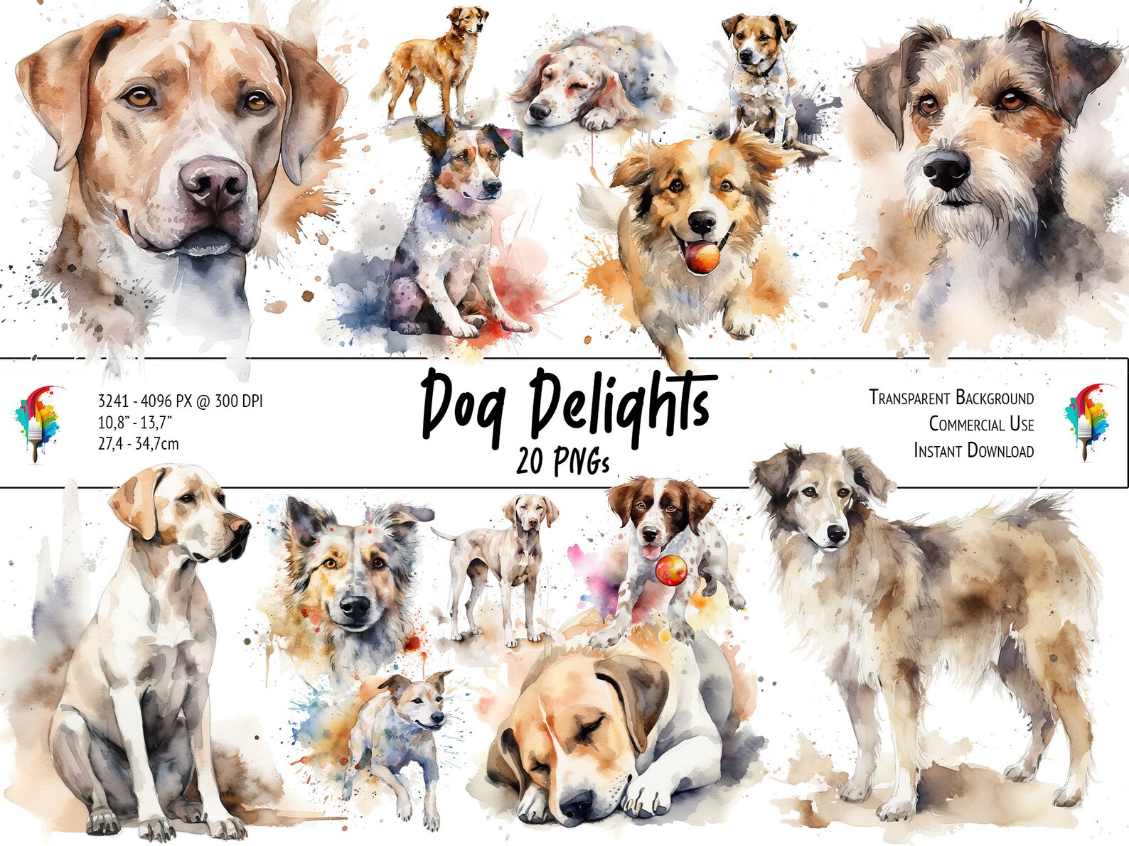 20 Watercolor Dog Cliparts, Watercolor Clipart Bundle, Dogs Clipart ...