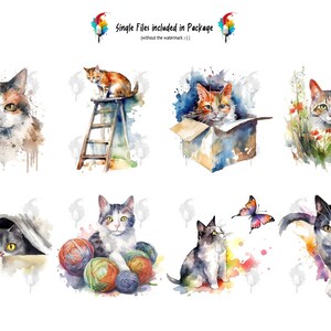 Whimsical Cats - 30 Watercolor Cat Cliparts Bundle, Feline Clipart ...