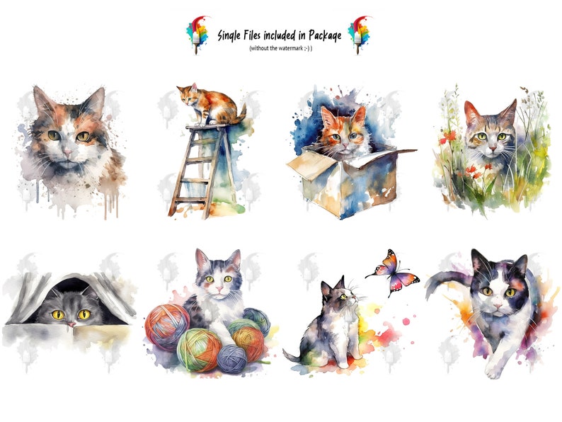 Whimsical Cats 30 Watercolor Cat Cliparts Bundle, Feline Clipart ...