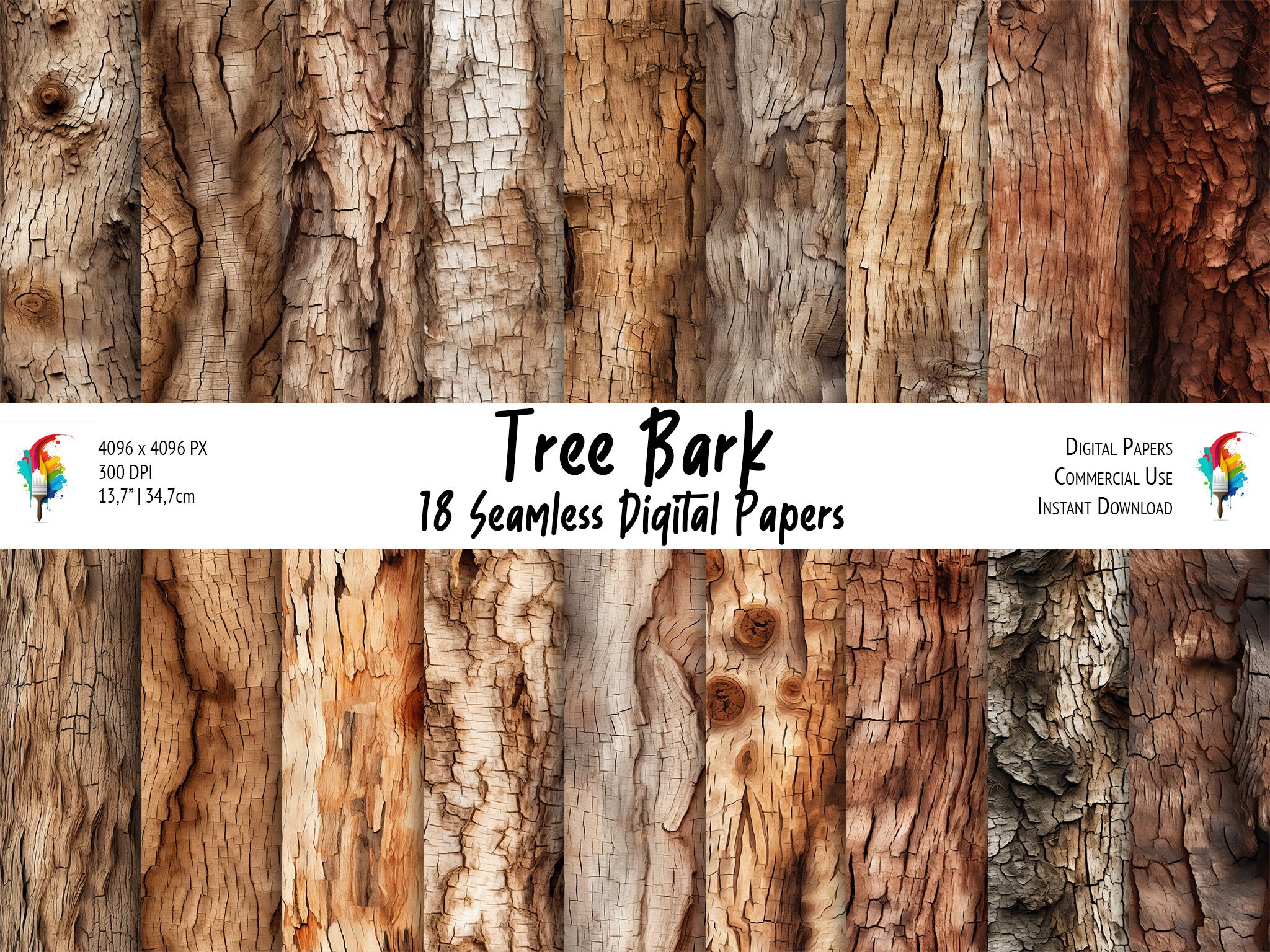Seamless Tree Bark Textures Bundle, Natural Wood Texture Digital Paper ...