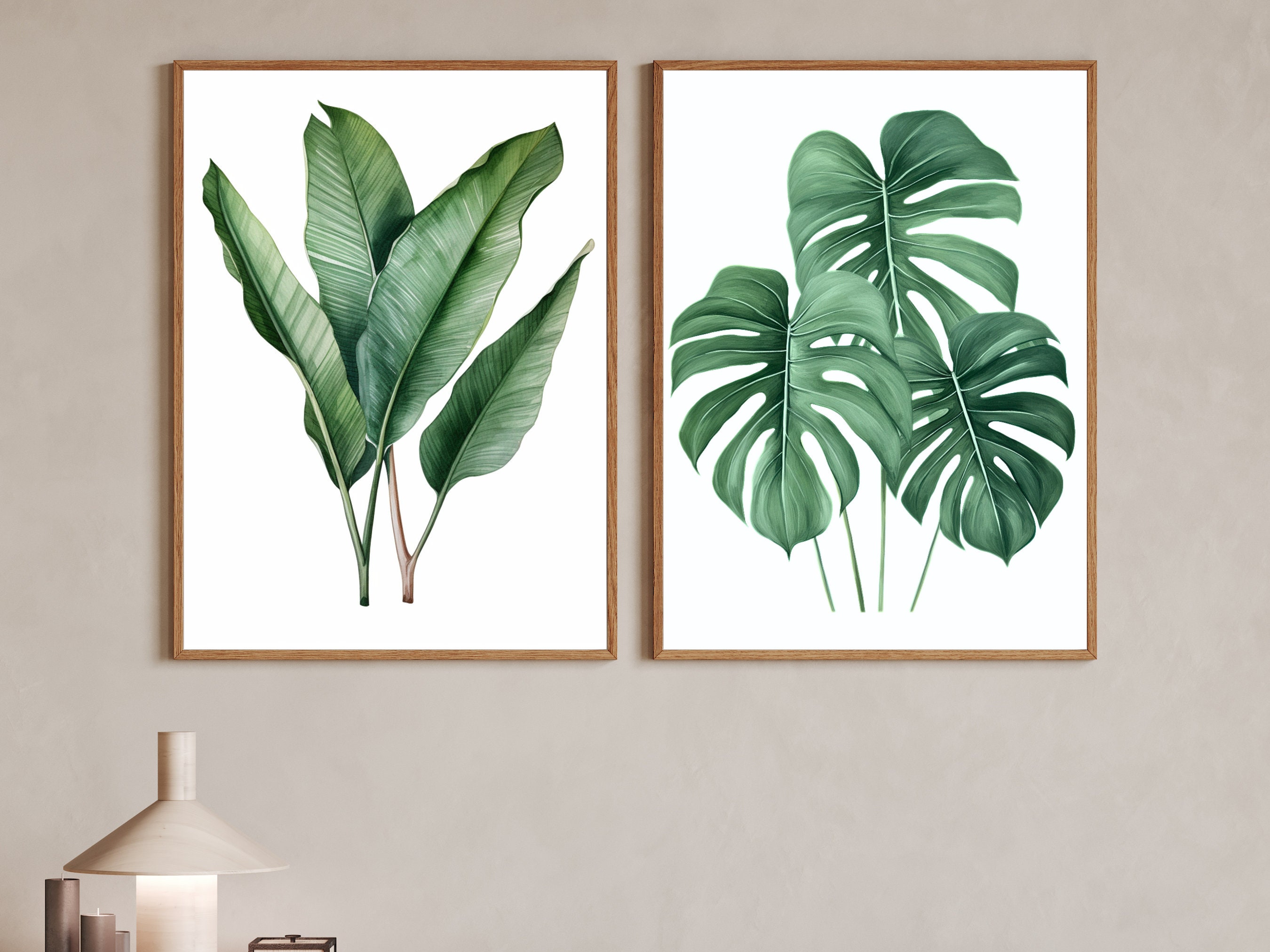 Monstera Leaf Set of 2, Botanical Print, Tropical Leaf Prints, Banana ...