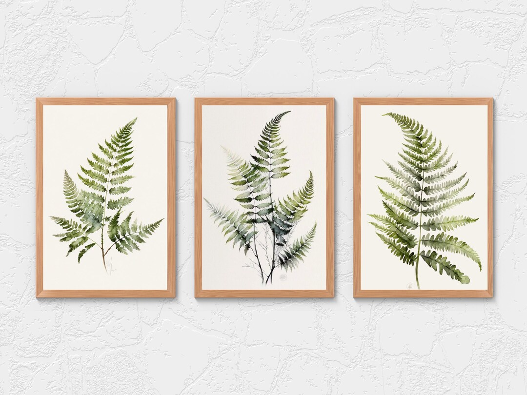 Watercolor Fern Prints, Botanical Print Set, Set of 3, Living Room Wall ...