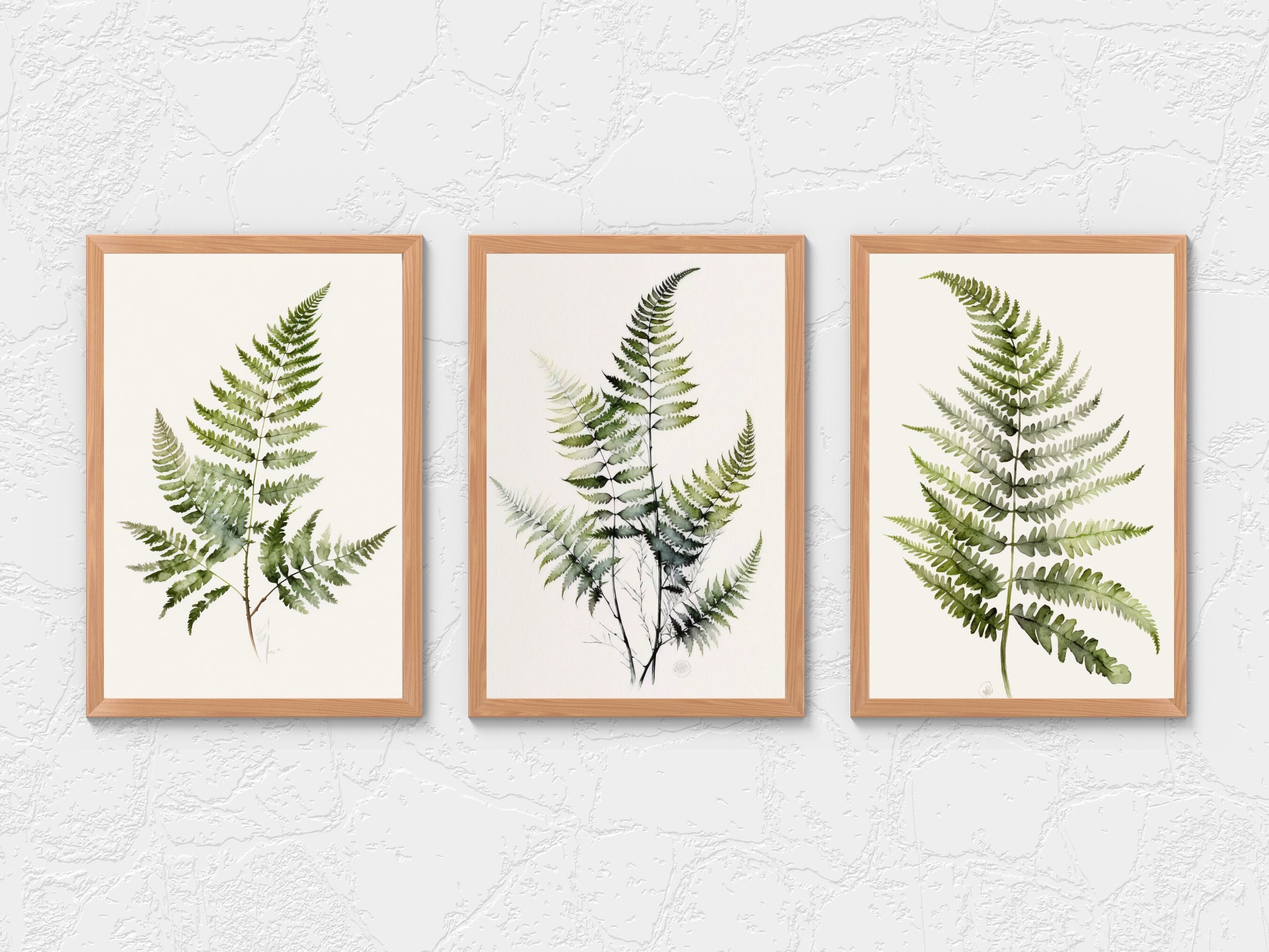Watercolor Fern Prints, Botanical Print Set, Set of 3, Living Room Wall ...