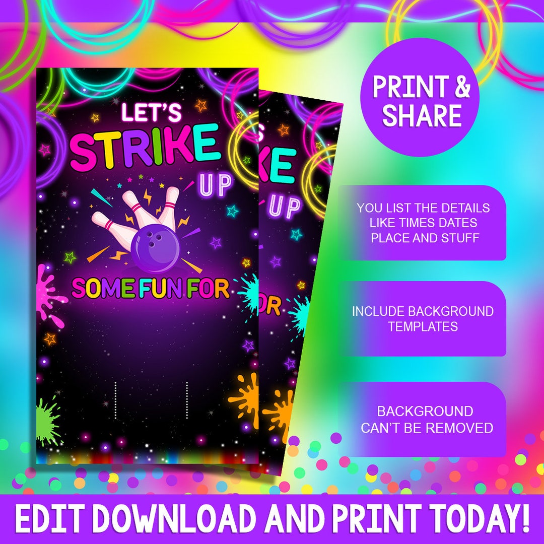 Bowling Birthday Invitation, Strike up Some Fun, Glow Bowling Invite ...
