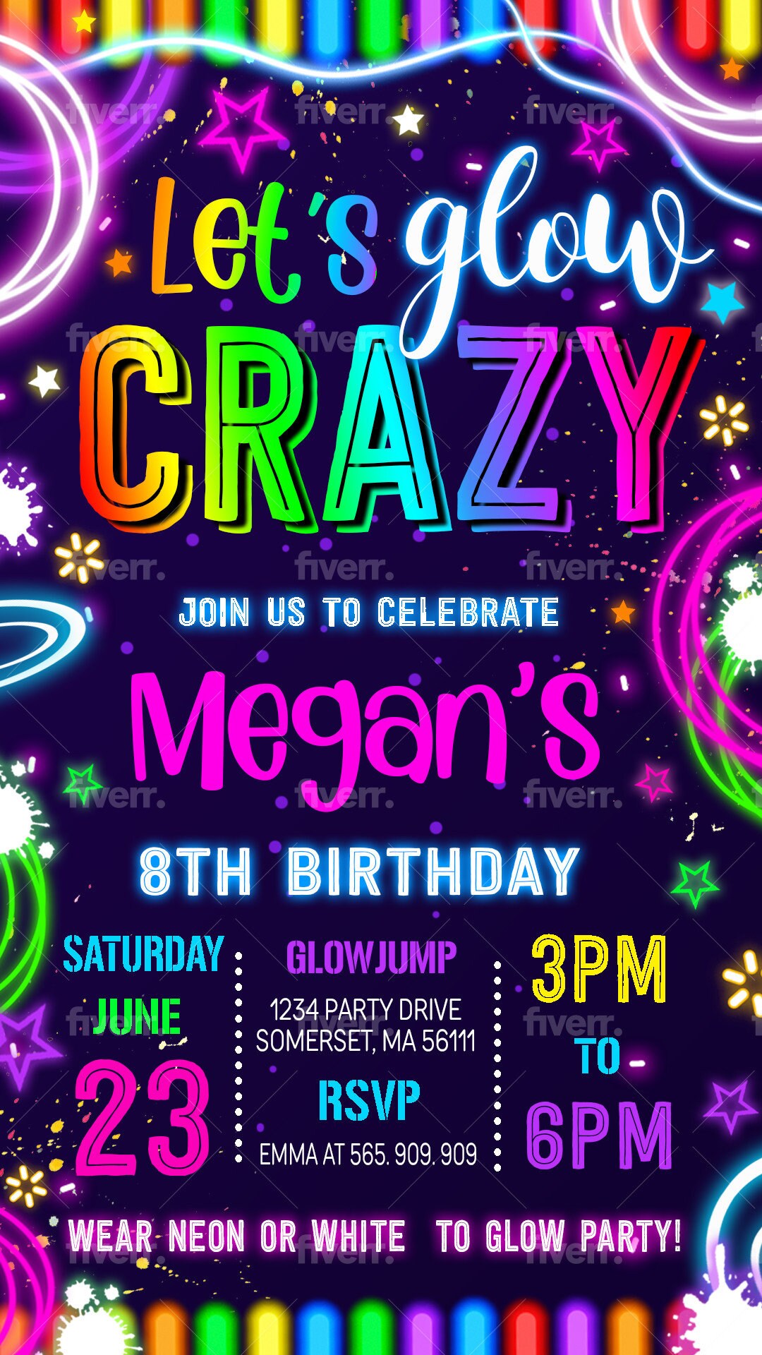 Editable Birthday Party Invitation Neon Glow Birthday Background ...