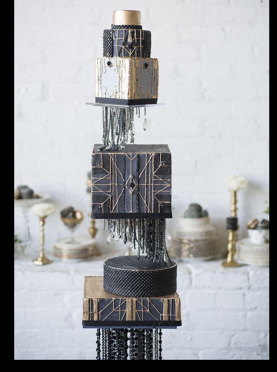 Art Deco Floating Cake Stand Set: Black & Gold Beaded Display - Etsy