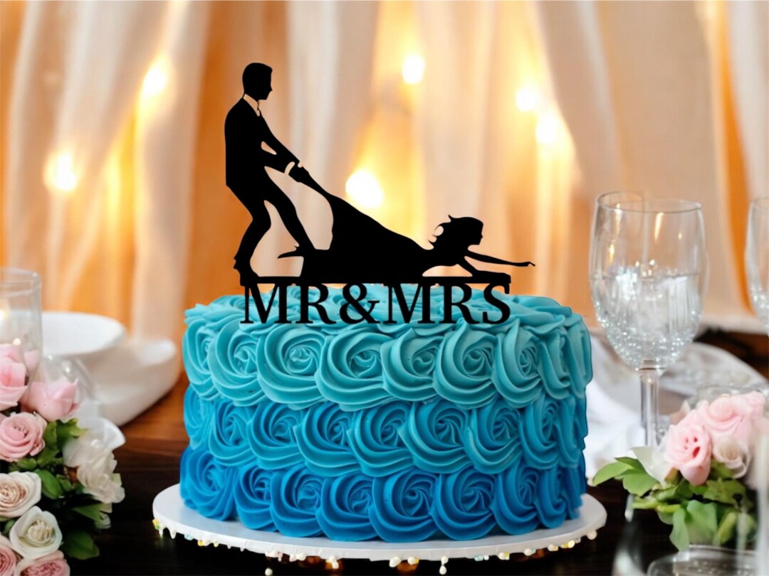 Funny Wedding Cake Topper: Groom Dragging Bride, Hand-painted Wooden Mr ...
