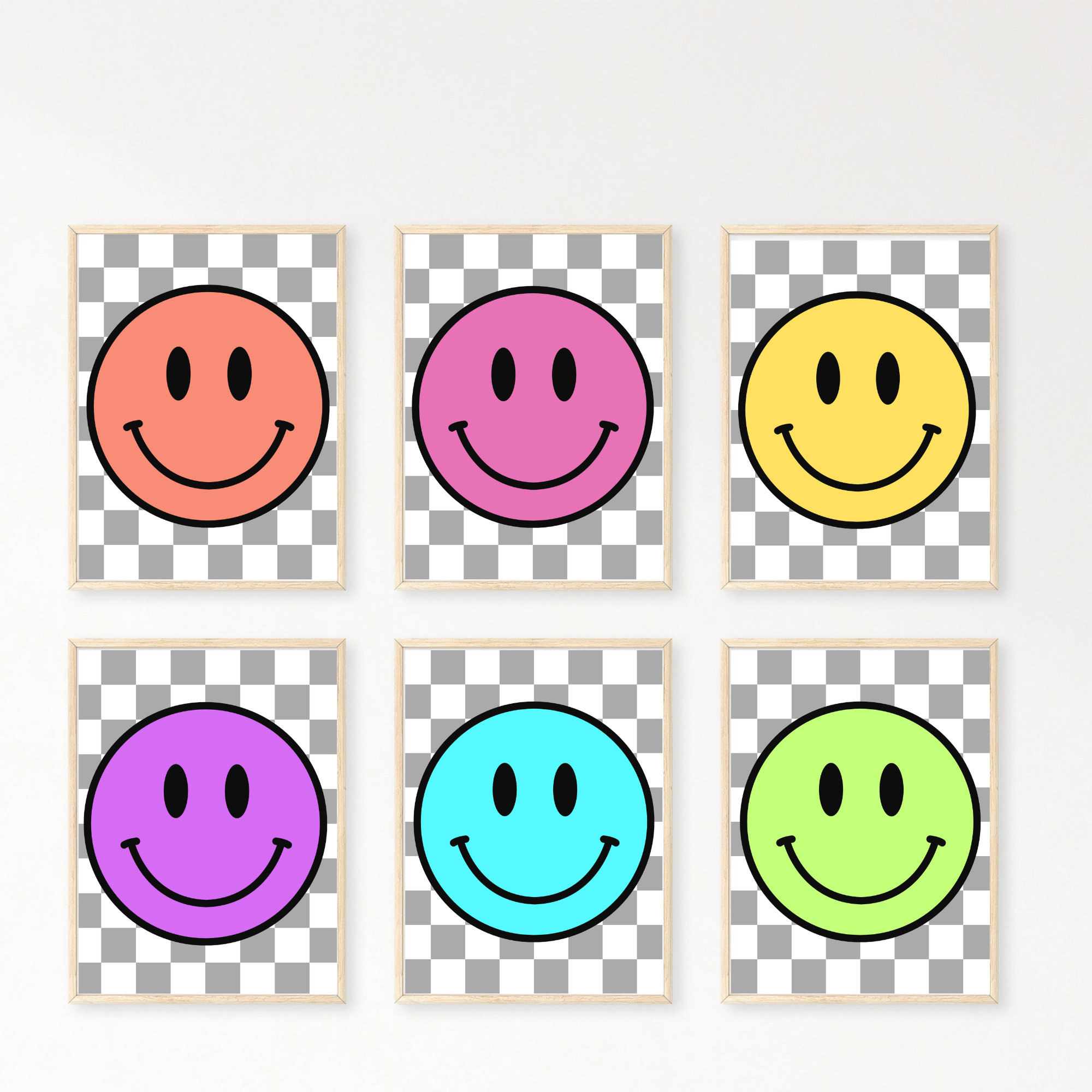 Set of 6 Wall Art, Smiley Face Checkered Printable, Multicolor Retro ...