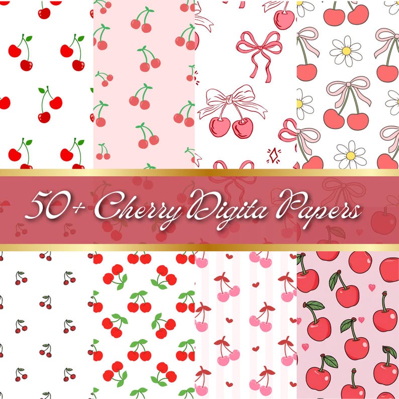 Cherry Digital Paper, Coquette Pink Bow, Valentine's Day Digital Paper ...