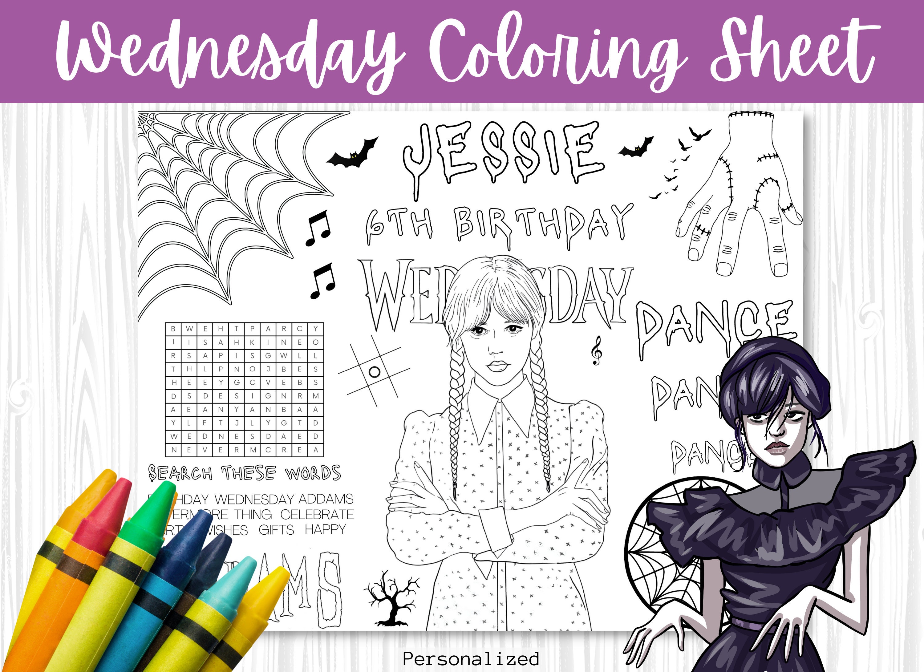 Wednesday Addams Coloring Sheet Kids Birthday Activity Sheet - Etsy
