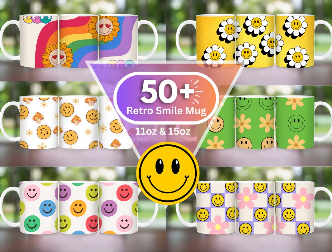 50+ Retro Smile Mug Wrap Designs Bundle, Smiley Mug Sublimation, Retro ...