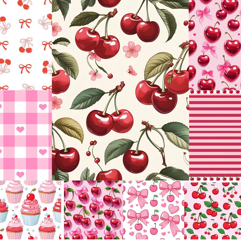 Cherry Digital Paper, Coquette Pink Bow, Valentine's Day Digital Paper ...