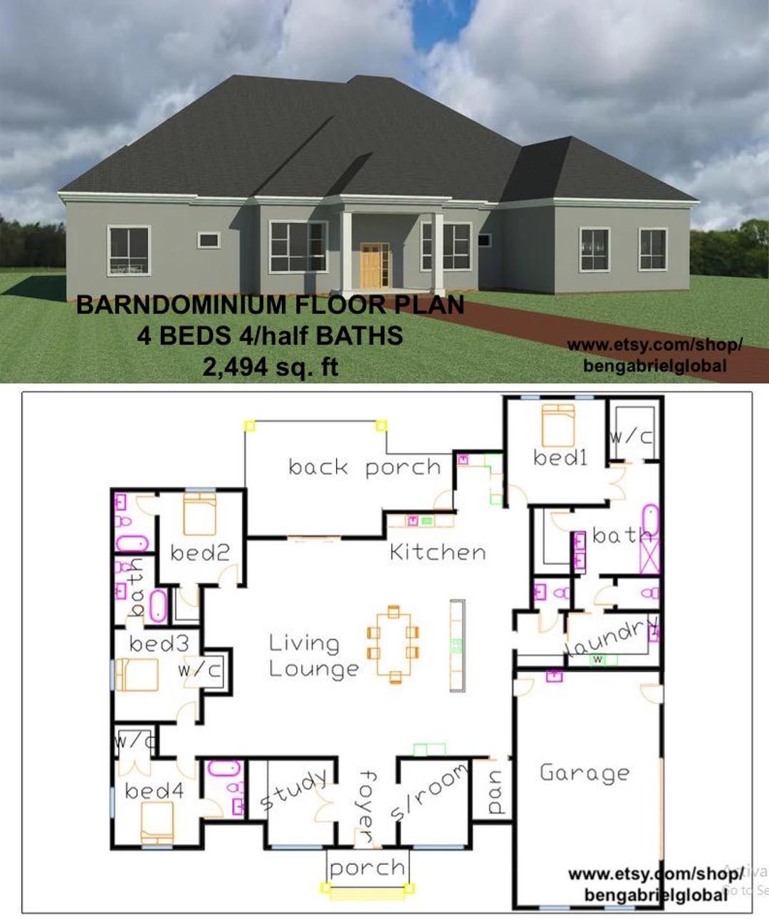 Architectural Modern House Plan 4 Bedroom 4.5 Bathroom 2,494 SQFT Architectural Floor Plan PDF ...