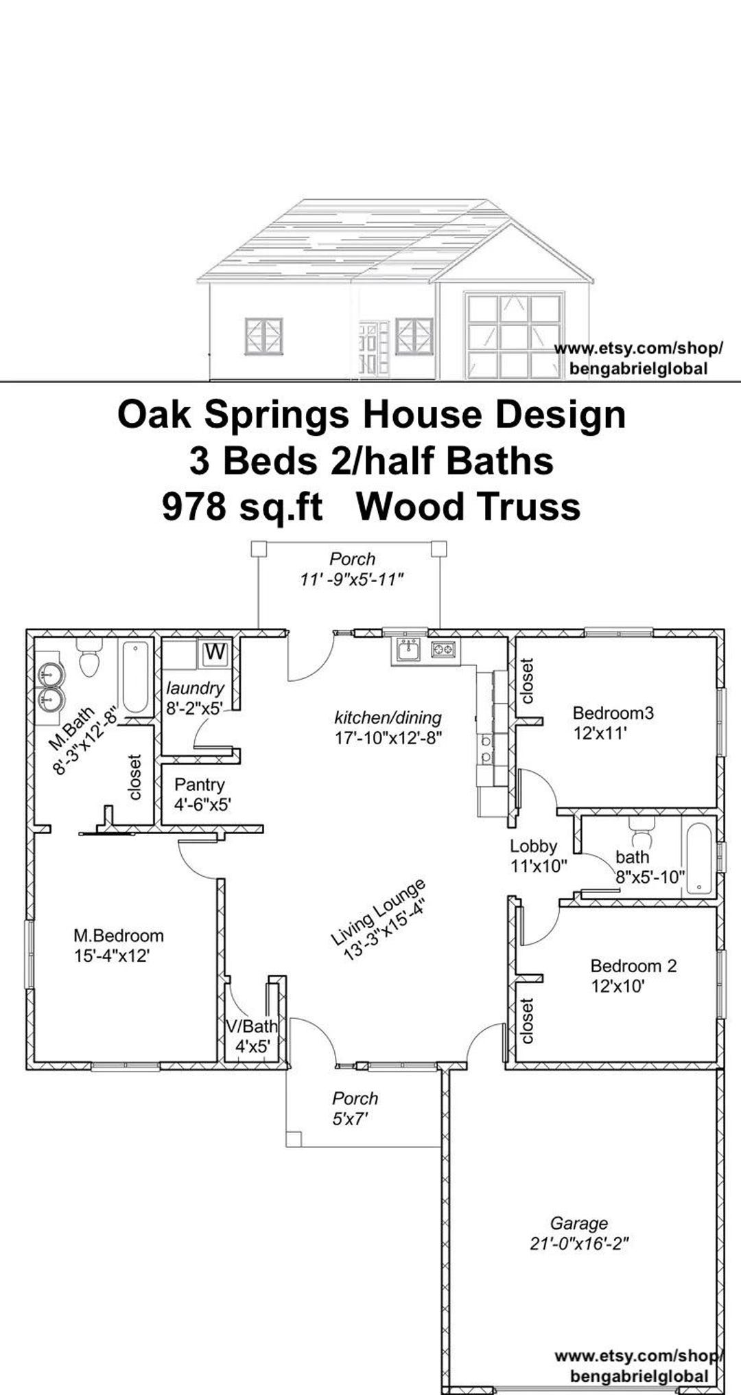 Oak Spring House Design| 3 Beds & 2.5 Baths| Wood Truss | Floor Plan ...