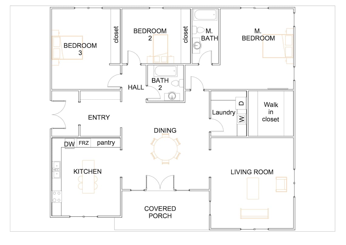 3 Bedroom Rectangular House Plan 2 Bath Architectural Design PDF 2,444 ...