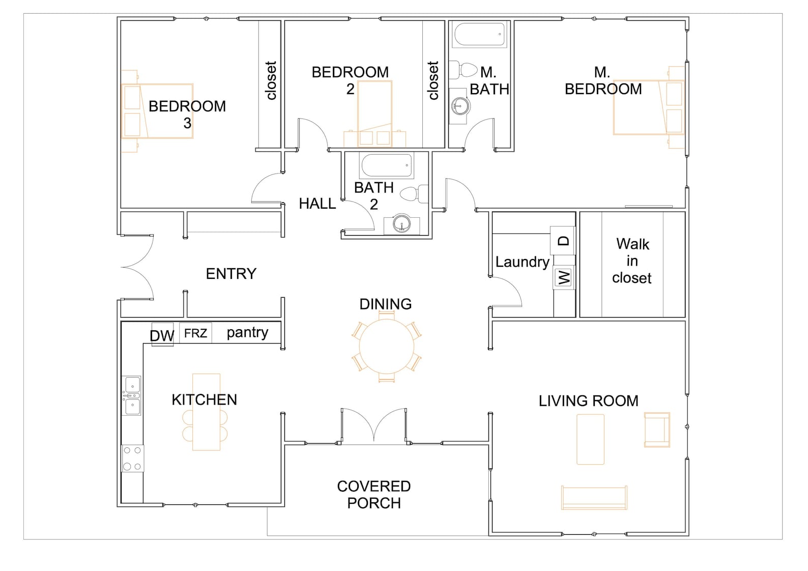 3 Bedroom Rectangular House Plan 2 Bath Architectural Design PDF 2,444 ...