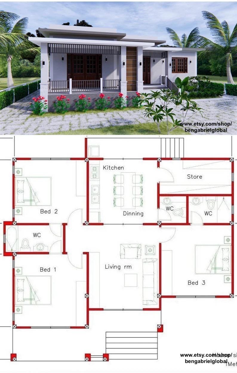 Modern 3-bedroom Flat Roof House Plan With 2.5 Bathrooms | 1,209 SQFT ...