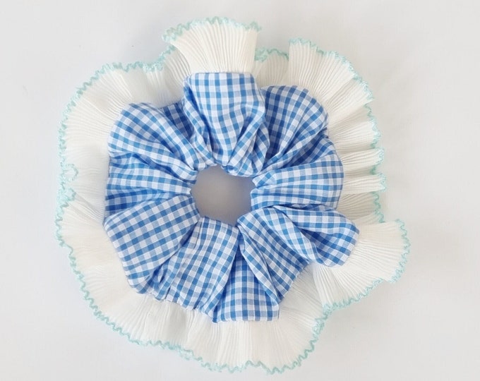 Blue Gingham Scrunchie With Ruffle Trim Handmade in UK - Etsy