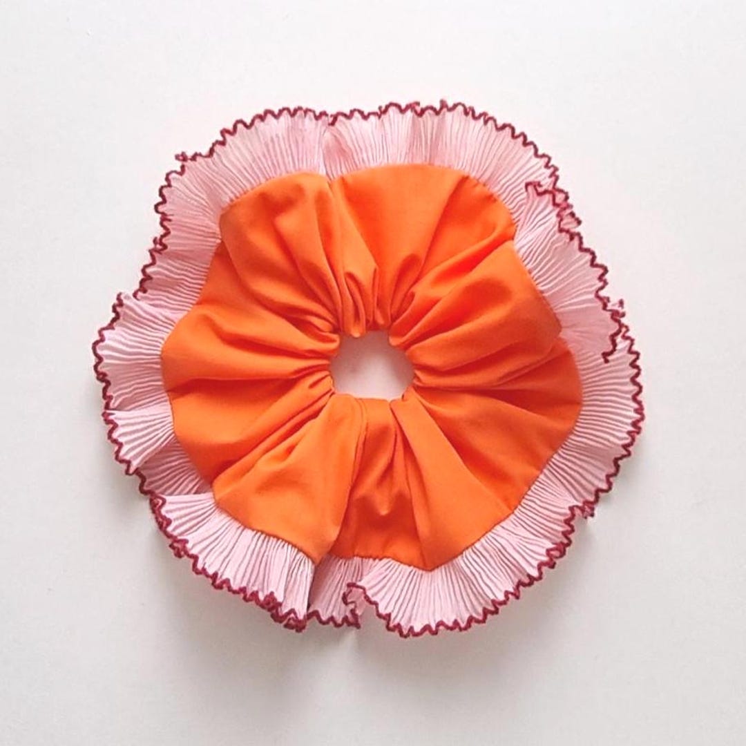 Orange Hair Scrunchie With Pink Fill Ruffle Trim - XL Scrunchie ...