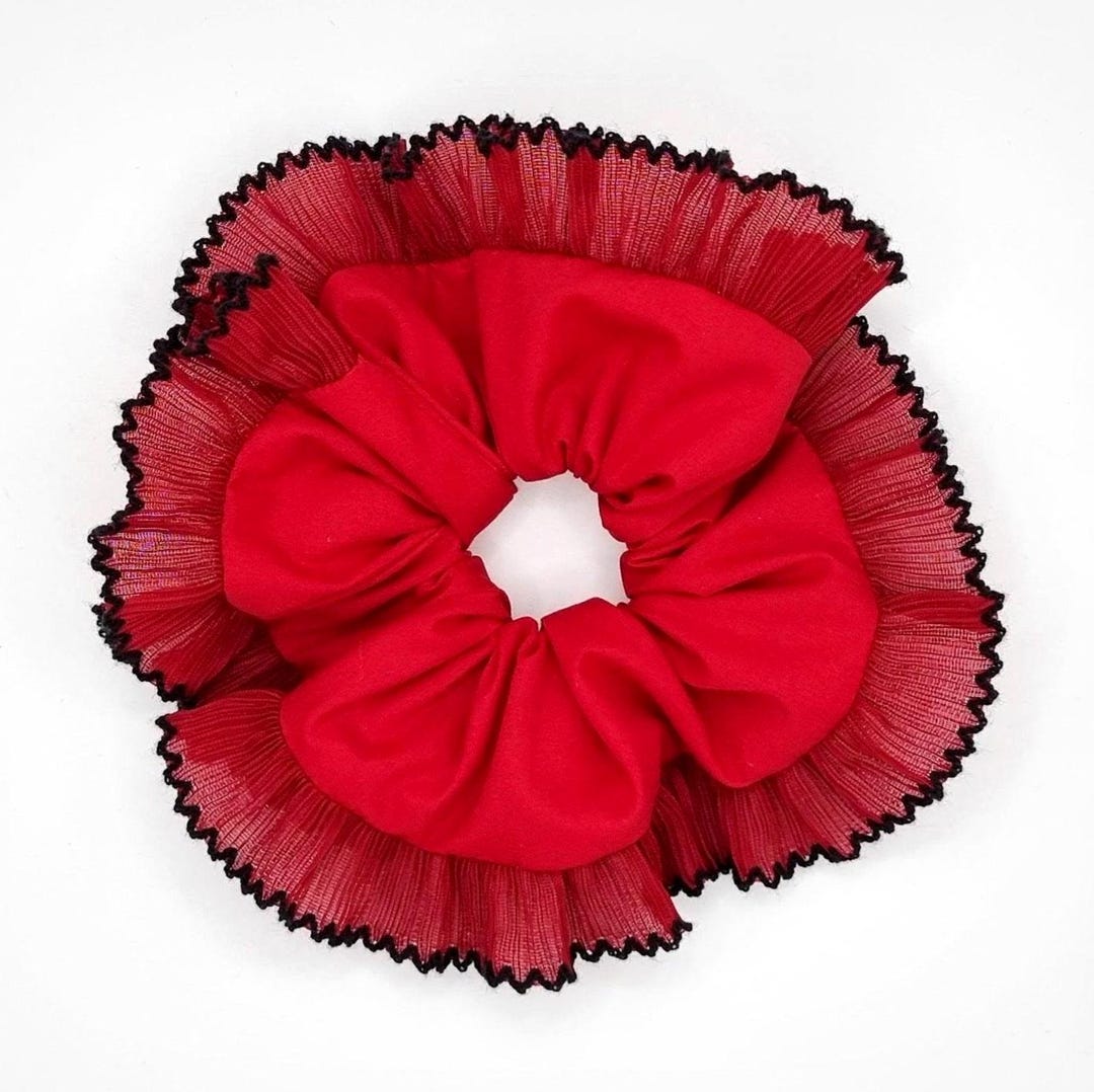 Dark Red Hair Scrunchie With Wine Frilling Trim - Large Scrunchy for ...